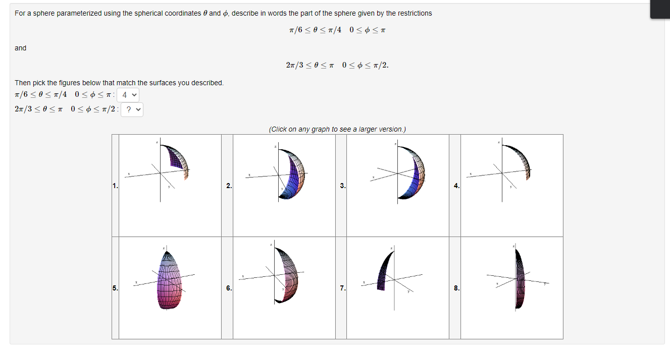 Solved π/6≤θ≤π/40≤ϕ≤π and 2π/3≤θ≤π0≤ϕ≤π/2 Then pick the | Chegg.com