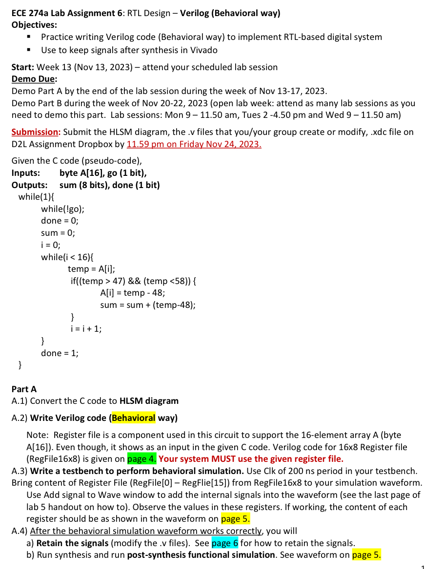 Solved ECE 274a Lab Assignment 6: RTL Design - ﻿Verilog | Chegg.com