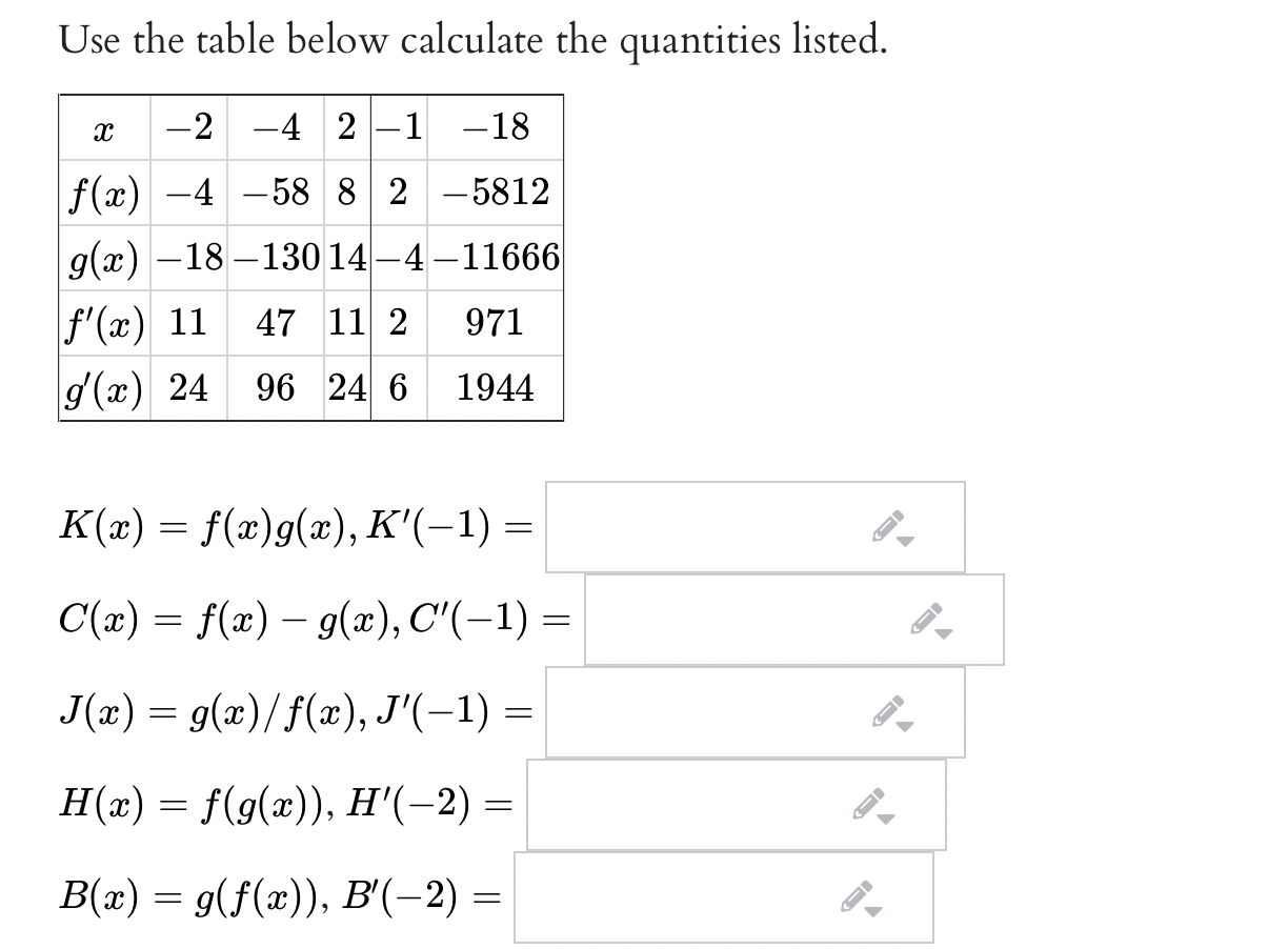 Solved Use the table below calculate the quantities listed. | Chegg.com
