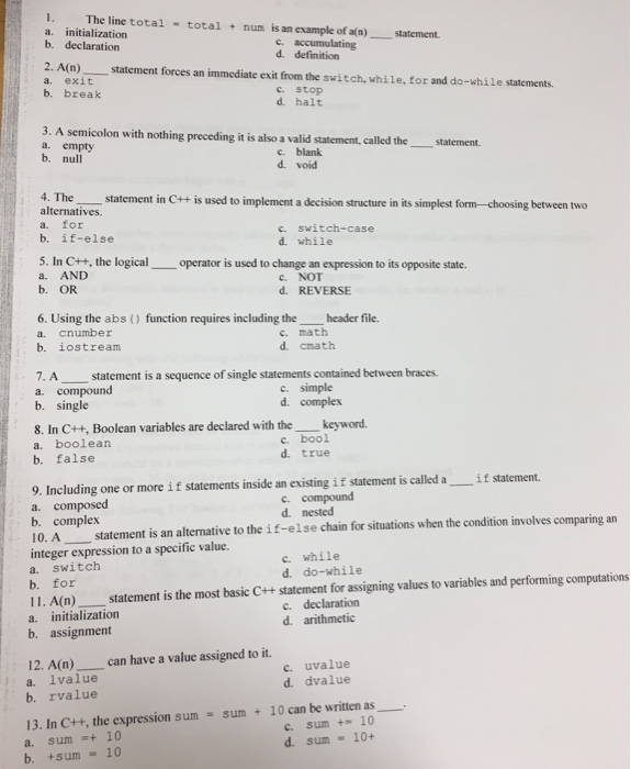 Solved 1. The line total-total + num is an example | Chegg.com