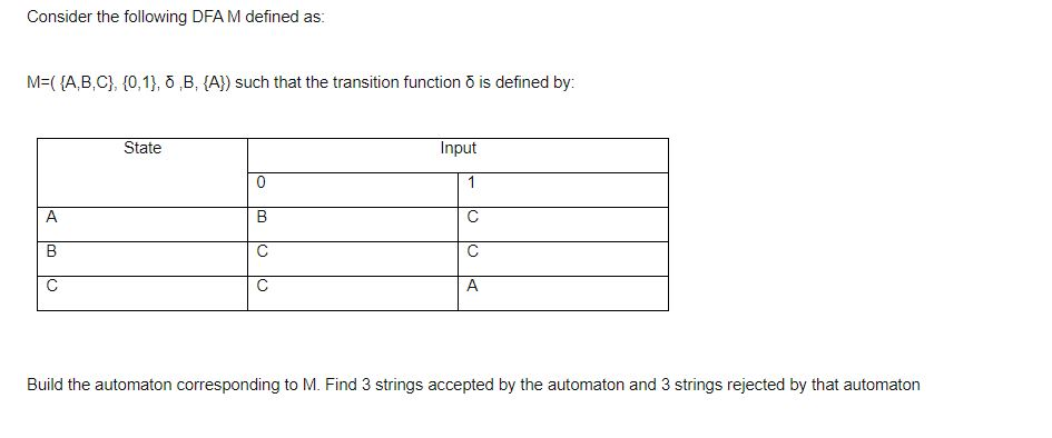 Solved Consider the following DFA M defined as: M=( {A,B,C}, | Chegg.com