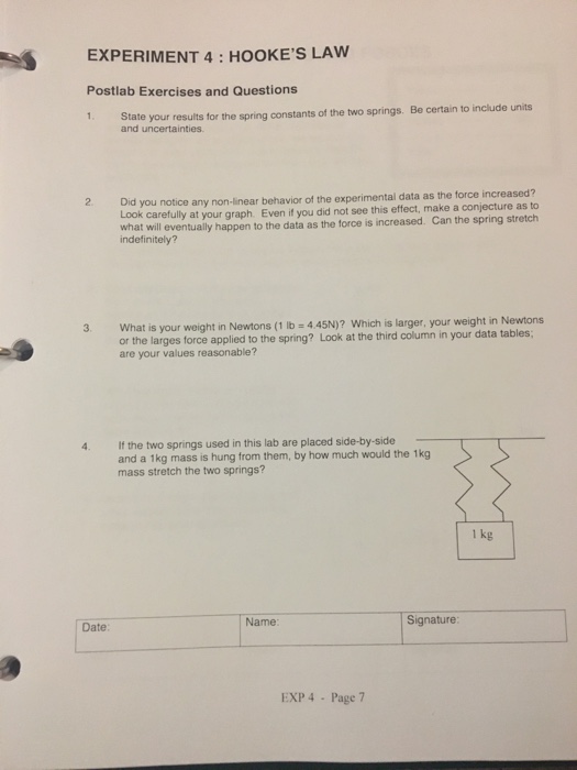 Solved EXPERIMENT 4:HOOKE'S LAW Prelab Exercises and | Chegg.com