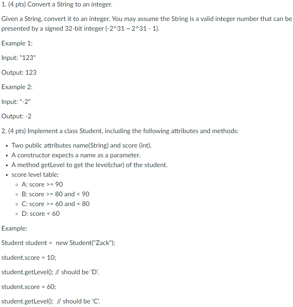 Solved 1.(4 pts) Convert a String to an integer. Given a | Chegg.com