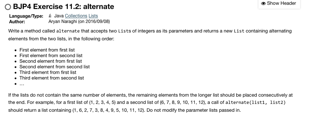 Solved > Show Header O BJP4 Exercise 11.2: alternate Java | Chegg.com
