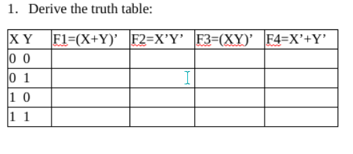 Solved 1. Derive the truth table: F1=(X+Y)' F2=X’Y F3=(XY) | Chegg.com
