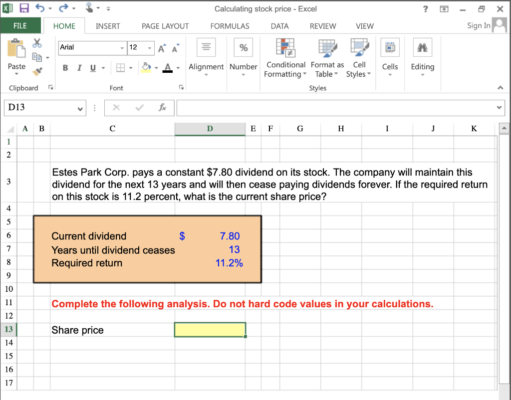 Solved XD Calculating stock price - Excel ?国 6 x FILE HOME | Chegg.com