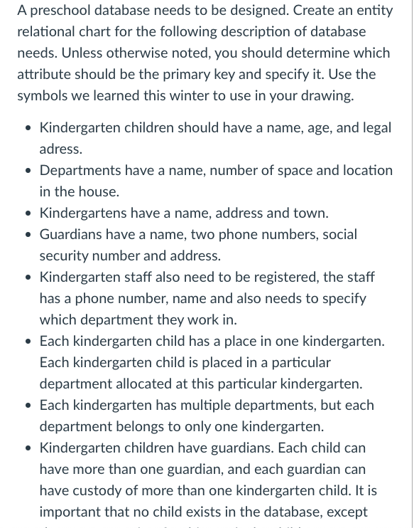 Solved A preschool database needs to be designed. Create an | Chegg.com