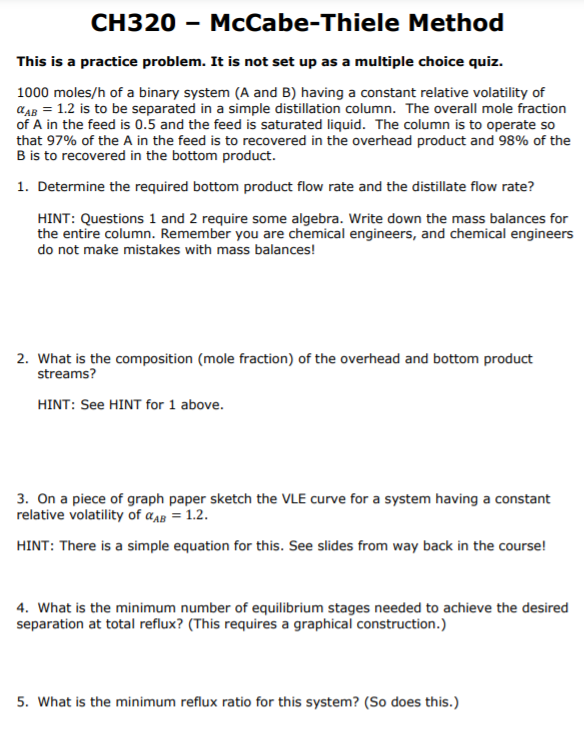 Solved CH320 - McCabe-Thiele Method - This is a practice | Chegg.com