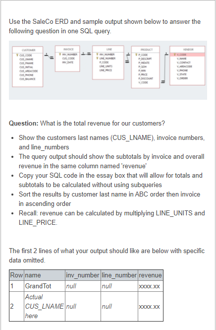Solved Use the SaleCo ERD and sample output shown below to | Chegg.com
