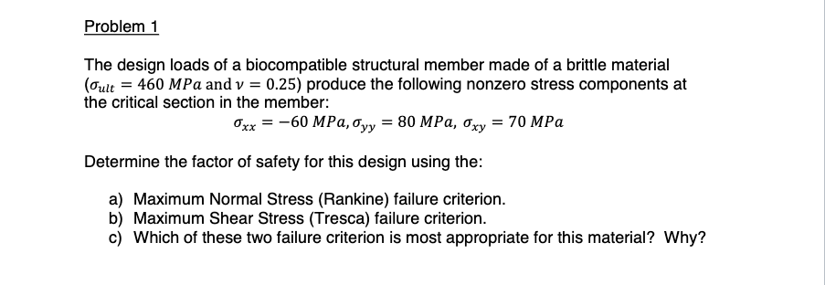 Solved Problem 1 The design loads of a biocompatible | Chegg.com