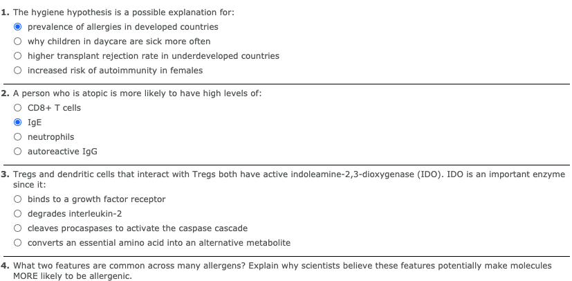 Solved 1. The hygiene hypothesis is a possible explanation | Chegg.com
