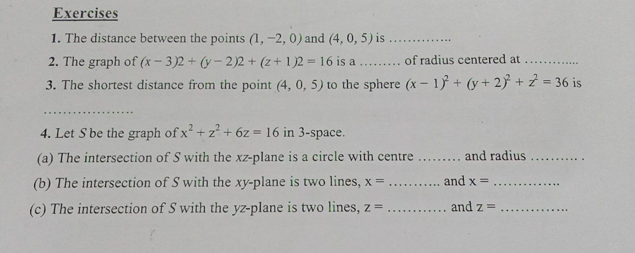 Solved Exercises 1. The distance between the points (1, | Chegg.com