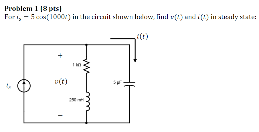 Solved Problem 1 (8 pts) For is=5cos(1000t) in the circuit | Chegg.com
