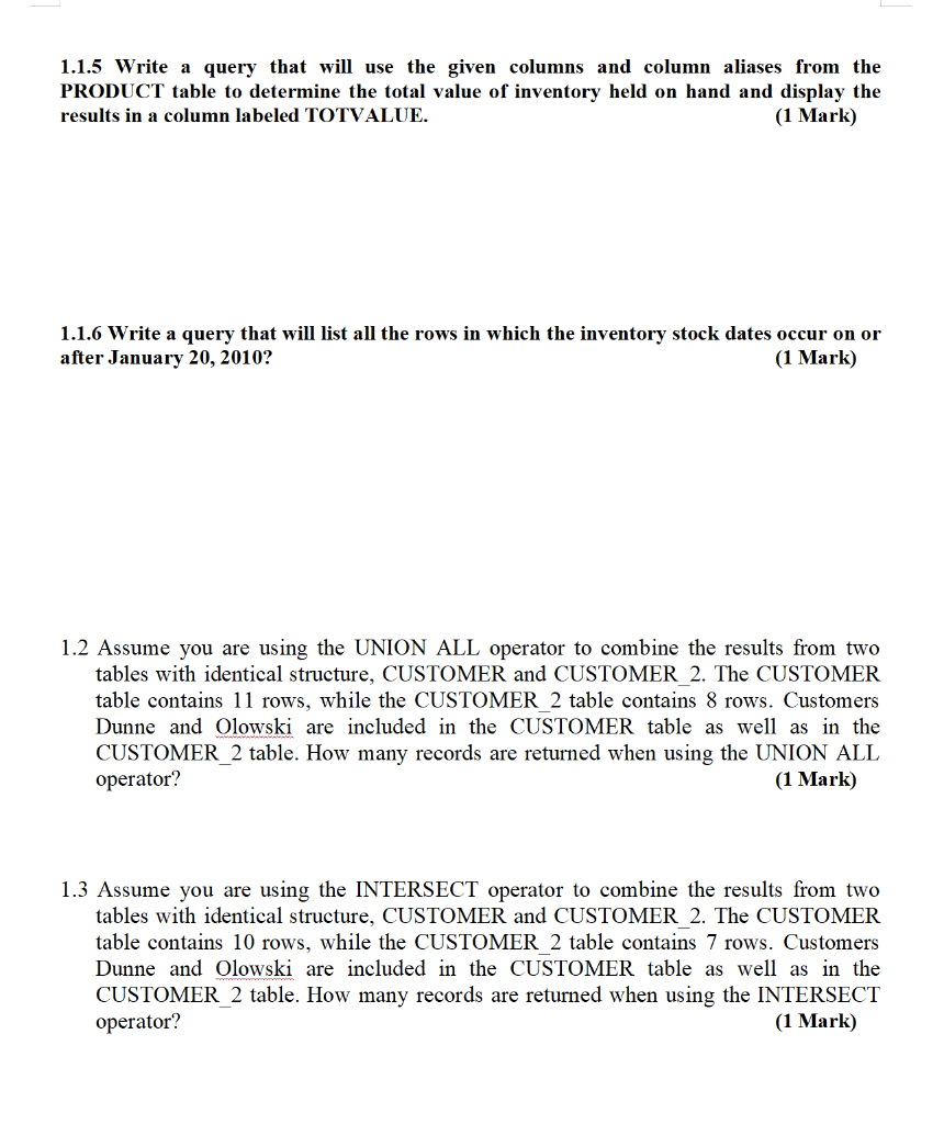 1.1 Assume your database has a PRODUCT table, with | Chegg.com