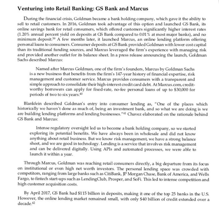 Solved Venturing into Retail Banking: GS Bank and Marcus | Chegg.com