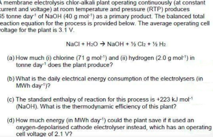 Solved membrane electrolysis chlor-alkali plant operating | Chegg.com