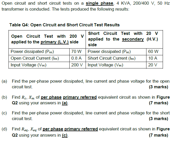 Solved Xea Req Rc Figure Q4: Per phase primary referred | Chegg.com