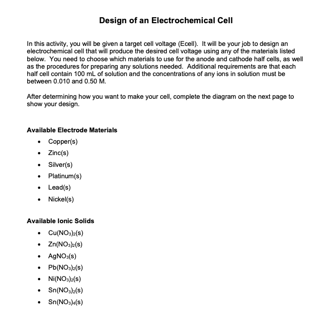Solved Design of an Electrochemical Cell In this activity, | Chegg.com