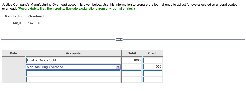Solved Justice Company's Manufacturing Overhead account is | Chegg.com