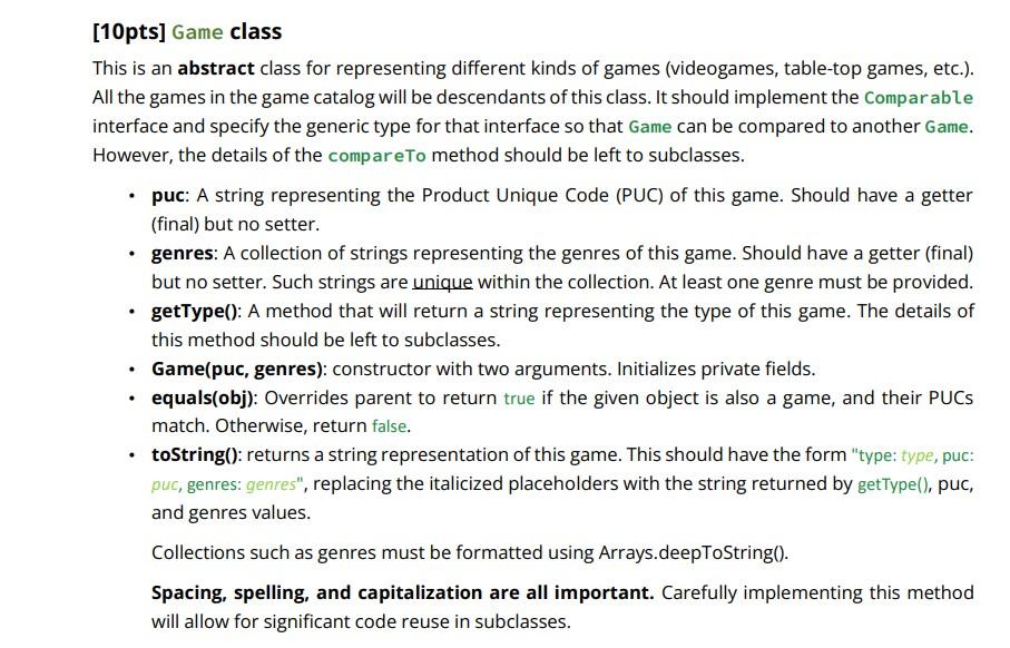 Solved [10pts] Game class This is an abstract class for | Chegg.com