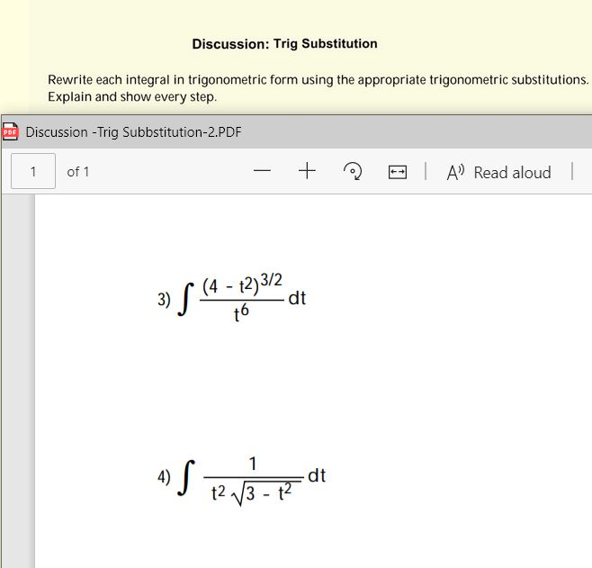 Solved Discussion: Trig Substitution Rewrite each integral | Chegg.com
