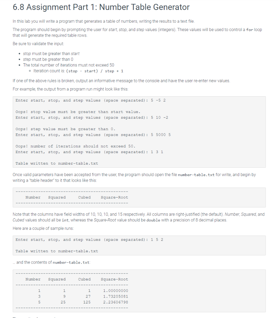 Solved 6.8 Assignment Part 1: Number Table Generator In this | Chegg.com