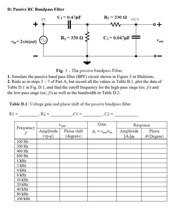 Solved D: Passive RC Bandpass Filter IN C1=0.47 F HH R: = | Chegg.com