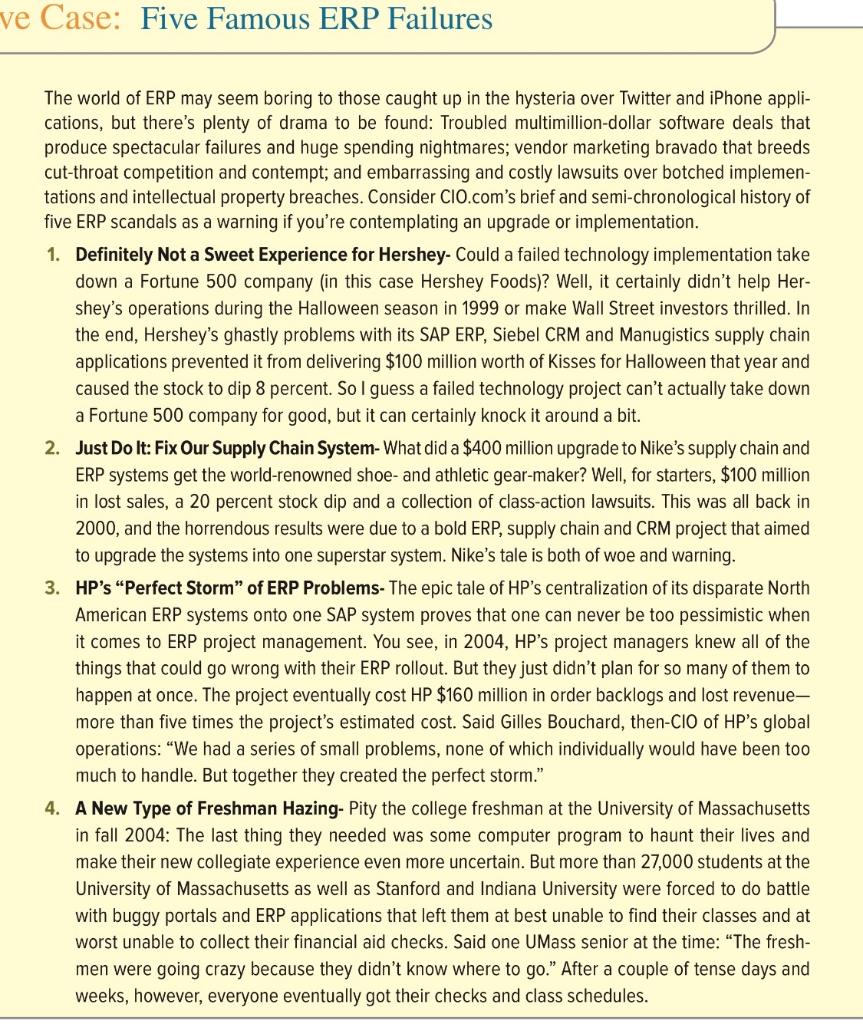Solved ve Case: Five Famous ERP Failures The world of ERP | Chegg.com