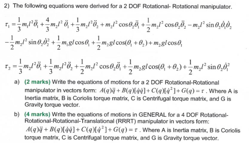 2) The following equations were derived for a 2 DOF | Chegg.com