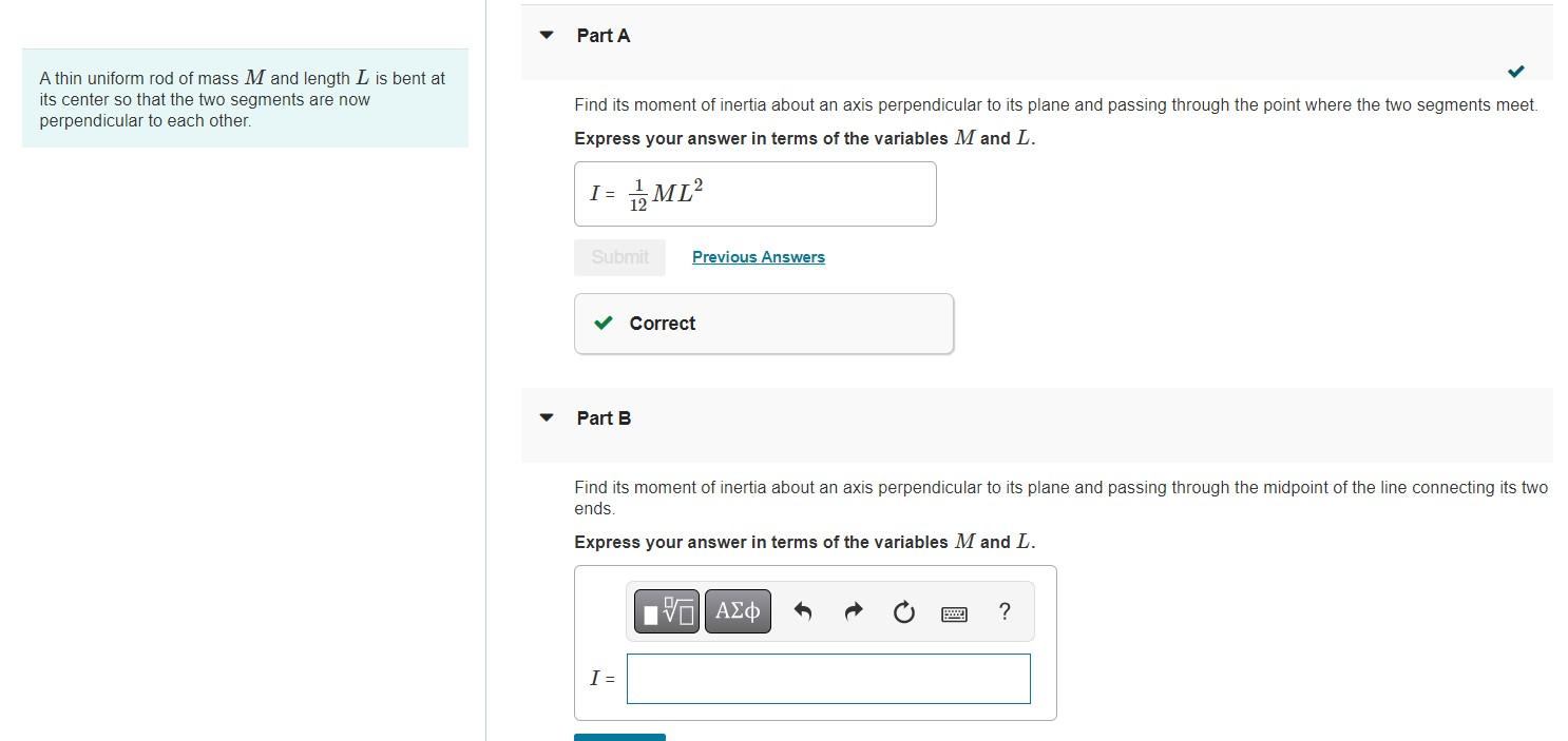 Solved A thin uniform rod of mass M and length L is bent at | Chegg.com