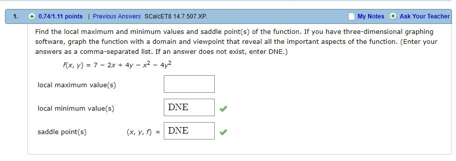 Solved 1. 0.74/1.11 points Previous Answers SCalcET8 | Chegg.com