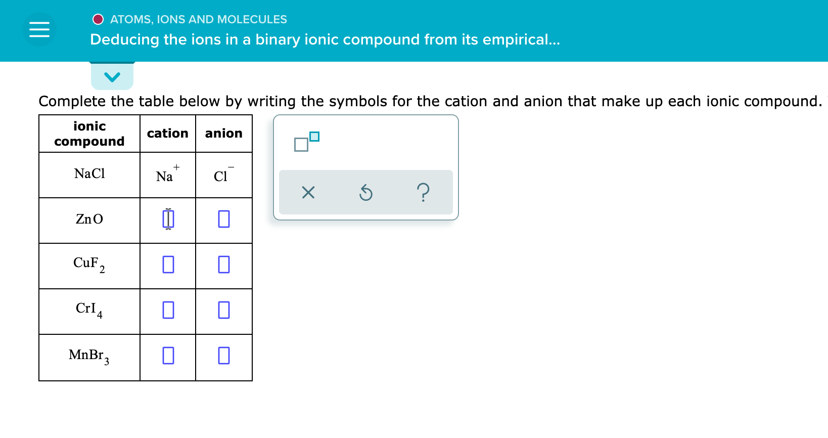 Solved E O ATOMS, IONS AND MOLECULES Deducing the ions in a | Chegg.com