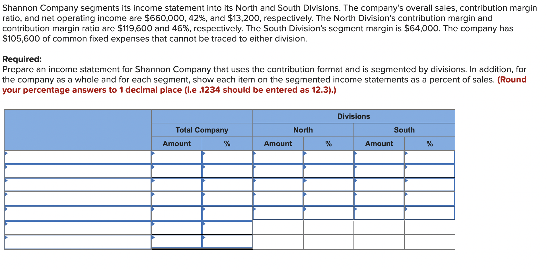 Solved Shannon Company segments its income statement into | Chegg.com