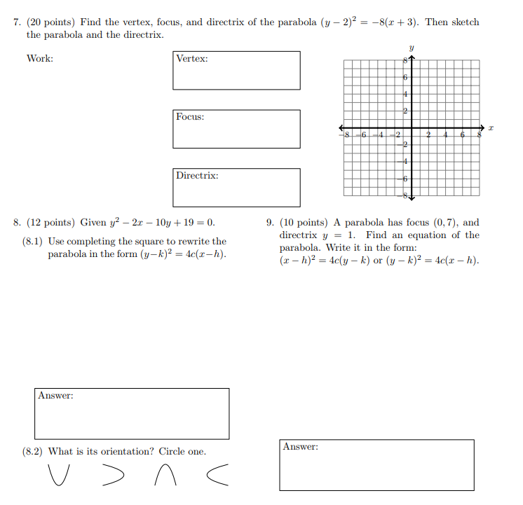 Solved 7. (20 points) Find the vertex, focus, and directrix | Chegg.com