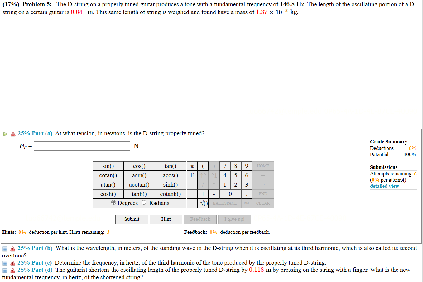 (17\%) Problem 5: The D-string on a properly tuned | Chegg.com