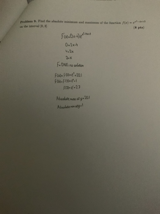 Solved Problem 9. Find the absxolute minimum and masximum of | Chegg.com