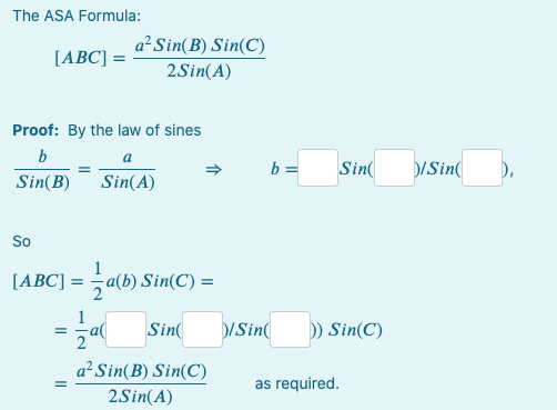Solved The ASA Formula: [ABC) = aSin(B) Sin(C) 2Sin(A) | Chegg.com