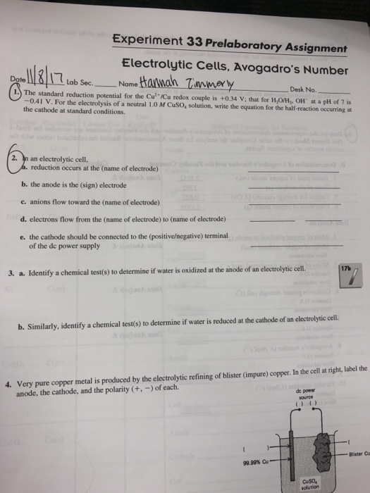 Solved Experiment 33 Prelaboratory Assignment Electrolytic | Chegg.com