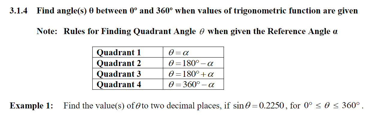 Solved 3.1.4 Find angle(s) θ between 0∘ and 360∘ when values | Chegg.com