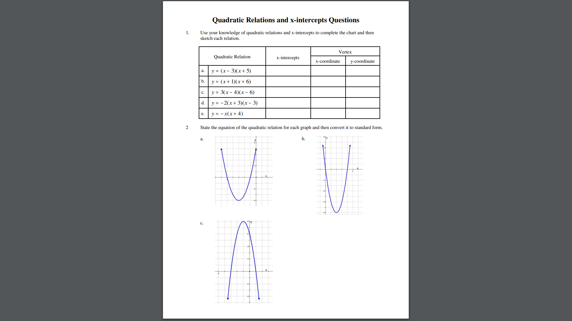 Solved Quadratic Relations and x-intercepts Questions Use | Chegg.com