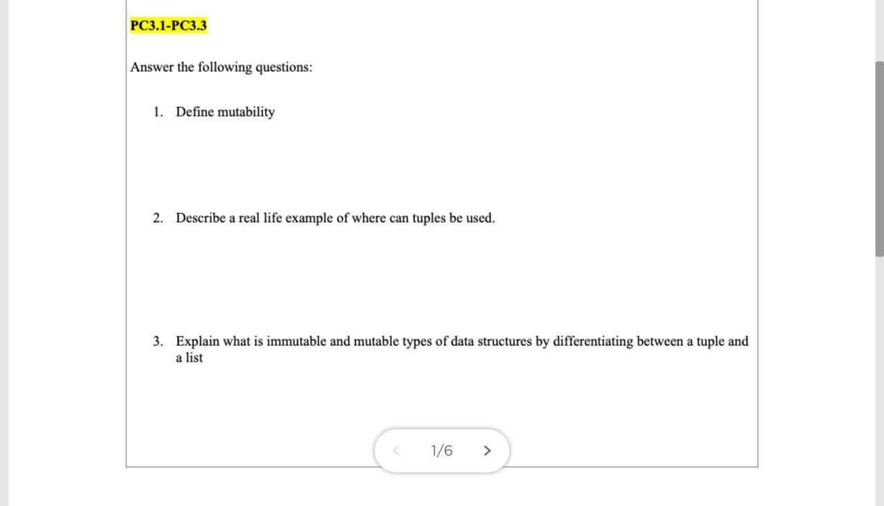 Solved PC3.1-PC3.3 Answer the following questions: 1. Define | Chegg.com