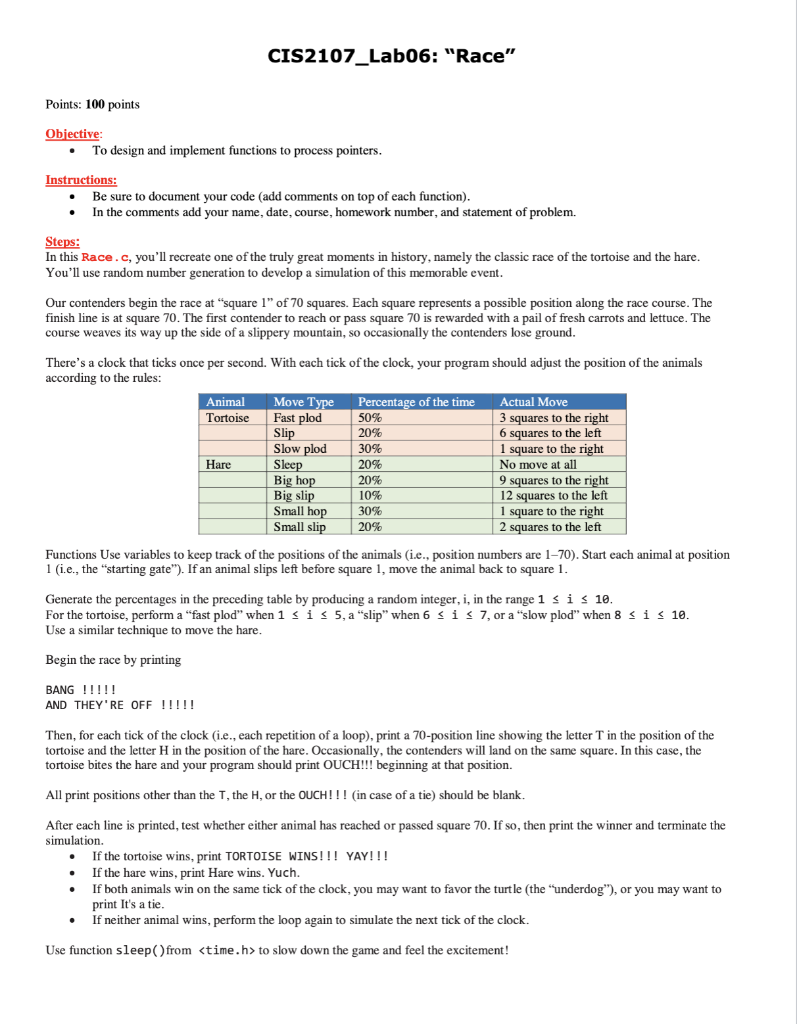 CIS2107_Lab06: "Race" Points: 100 points Objective: | Chegg.com