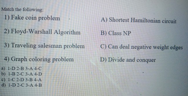 Solved Match the following: 1) Fake coin problem A) Shortest | Chegg.com
