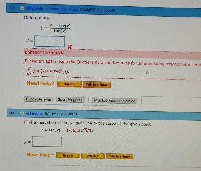 Solved O 0/1 points | Previous Answers SCalcET8 3.3.505 XP | Chegg.com