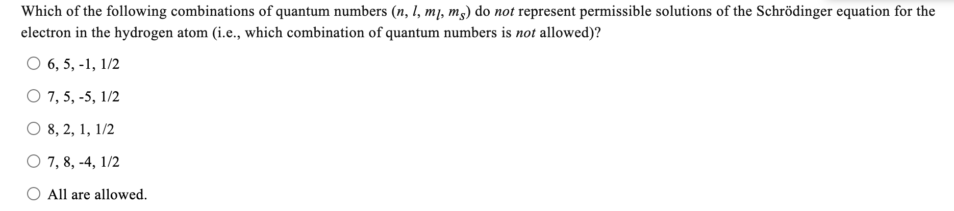 Solved Which of the following combinations of quantum | Chegg.com