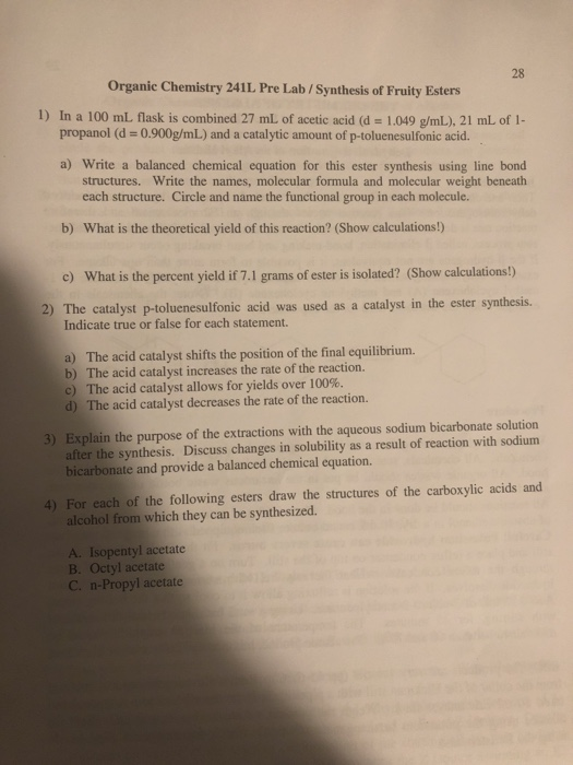 Solved 28 Organic Chemistry 241L, Pre Lab /Synthesis of | Chegg.com