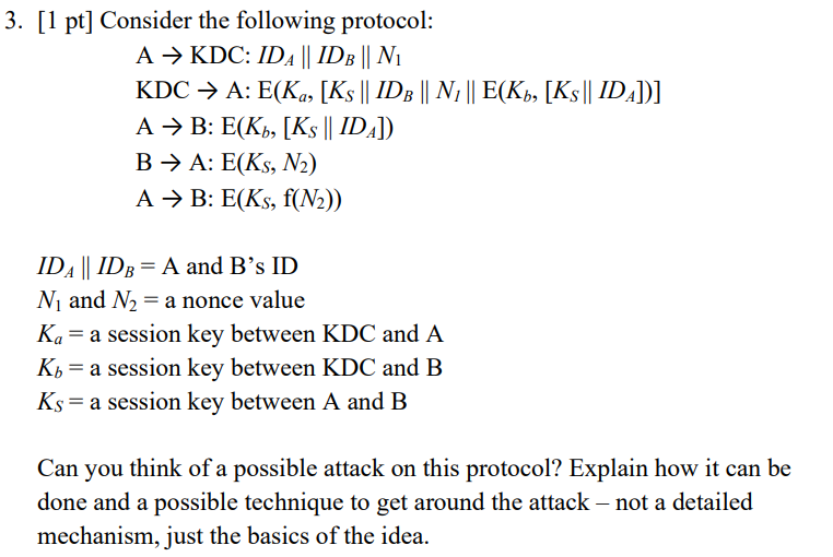 Consider the following protocol: A → KDC: IDA || IDB | Chegg.com