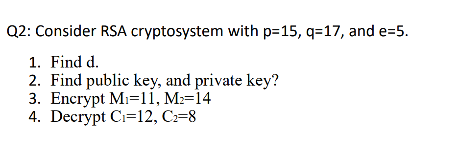 Solved Q2: Consider RSA cryptosystem with p=15,q=17, and | Chegg.com