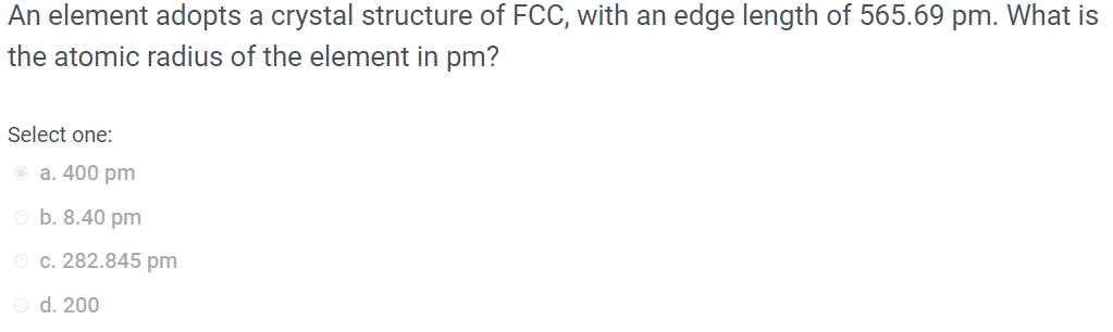 Solved An element adopts a crystal structure of FCC, with an | Chegg.com