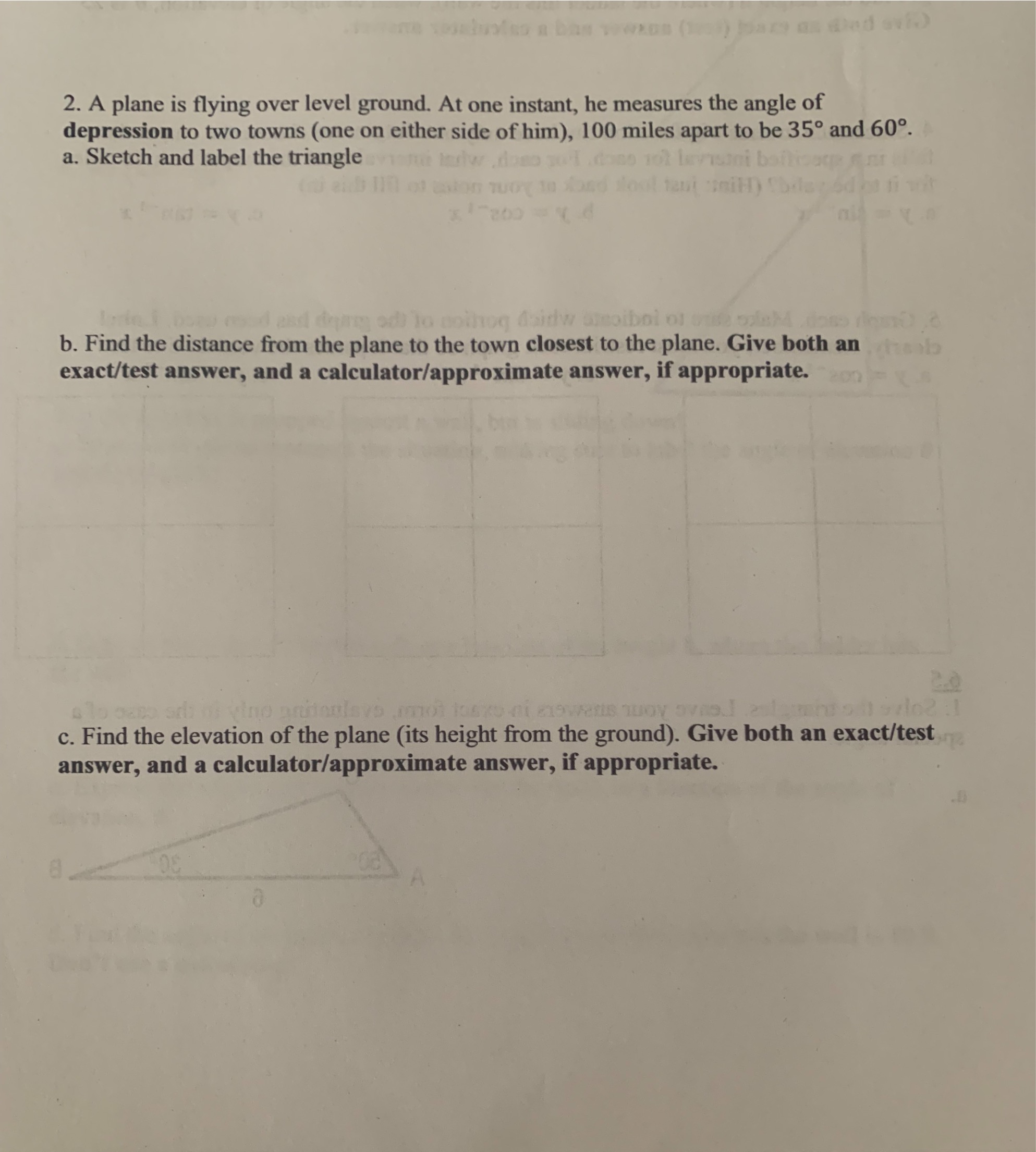 Solved (Do all parts, a-c) ﻿A plane is flying over level | Chegg.com
